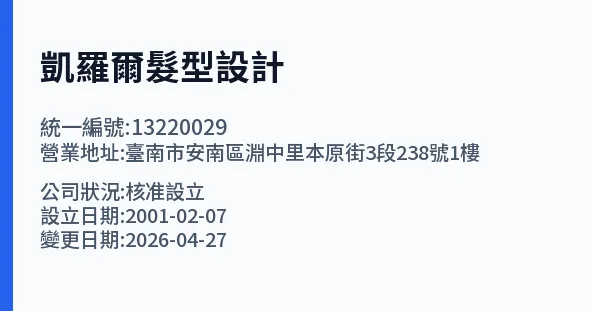 凱羅爾髮型設計的照片-統編 13220029(臺南市) 公司登記資料與營業項目詳細圖表