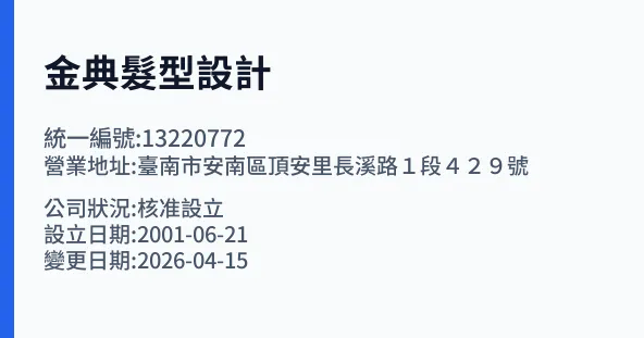 金典髮型設計的照片-統編 13220772(臺南市) 公司登記資料與營業項目詳細圖表