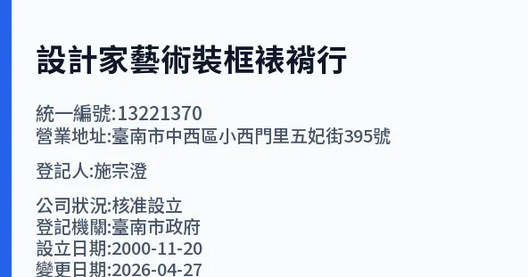 設計家藝術裝框裱褙行的照片-統編 13221370(臺南市) 公司登記資料與營業項目詳細圖表