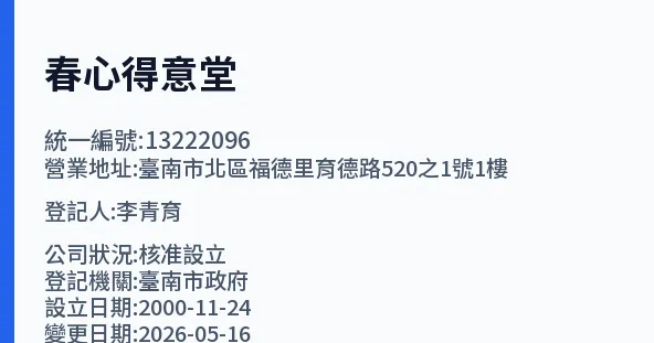 春心得意堂的照片-統編 13222096(臺南市) 公司登記資料與營業項目詳細圖表