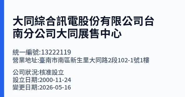 大同綜合訊電股份有限公司台南分公司大同展售中心的照片-統編 13222119(臺南市) 公司登記資料與營業項目詳細圖表