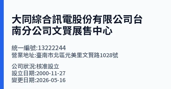 大同綜合訊電股份有限公司台南分公司文賢展售中心的照片-統編 13222244(臺南市) 公司登記資料與營業項目詳細圖表