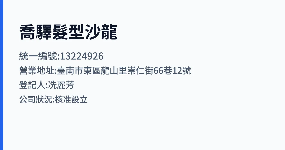 喬驛髮型沙龍 - 統編 13224926(臺南市) 公司登記資料與營業項目詳細圖表