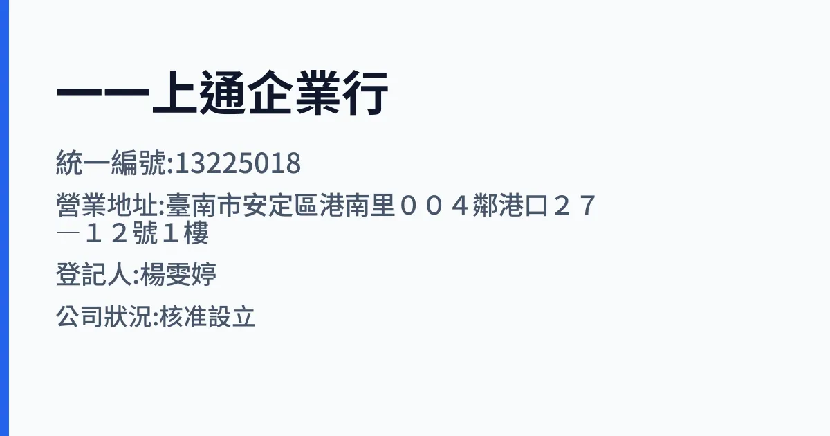 一一上通企業行 - 統編 13225018(臺南市) 公司登記資料與營業項目詳細圖表