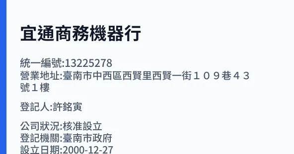 宜通商務機器行的照片-統編 13225278(臺南市) 公司登記資料與營業項目詳細圖表