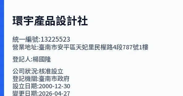 環宇產品設計社的照片-統編 13225523(臺南市) 公司登記資料與營業項目詳細圖表