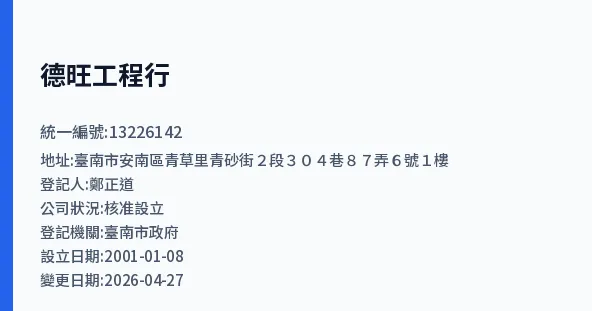 德旺工程行的照片-統編 13226142(臺南市) 公司登記資料與營業項目詳細圖表
