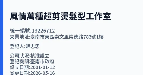 風情萬種超剪燙髮型工作室的照片-統編 13226712(臺南市) 公司登記資料與營業項目詳細圖表