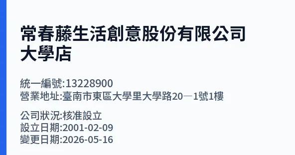 常春藤生活創意股份有限公司大學店的照片-統編 13228900(臺南市) 公司登記資料與營業項目詳細圖表