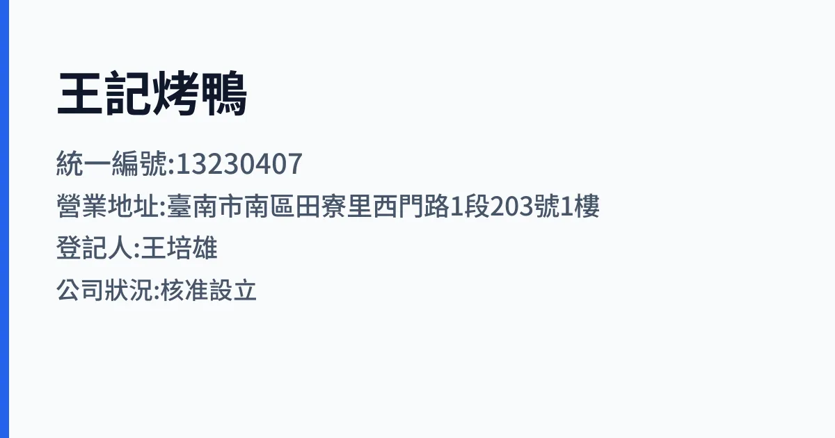 王記烤鴨 - 統編 13230407(臺南市) 公司登記資料與營業項目詳細圖表