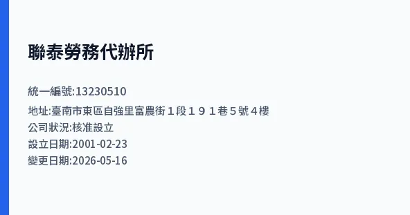 聯泰勞務代辦所的照片-統編 13230510(臺南市) 公司登記資料與營業項目詳細圖表