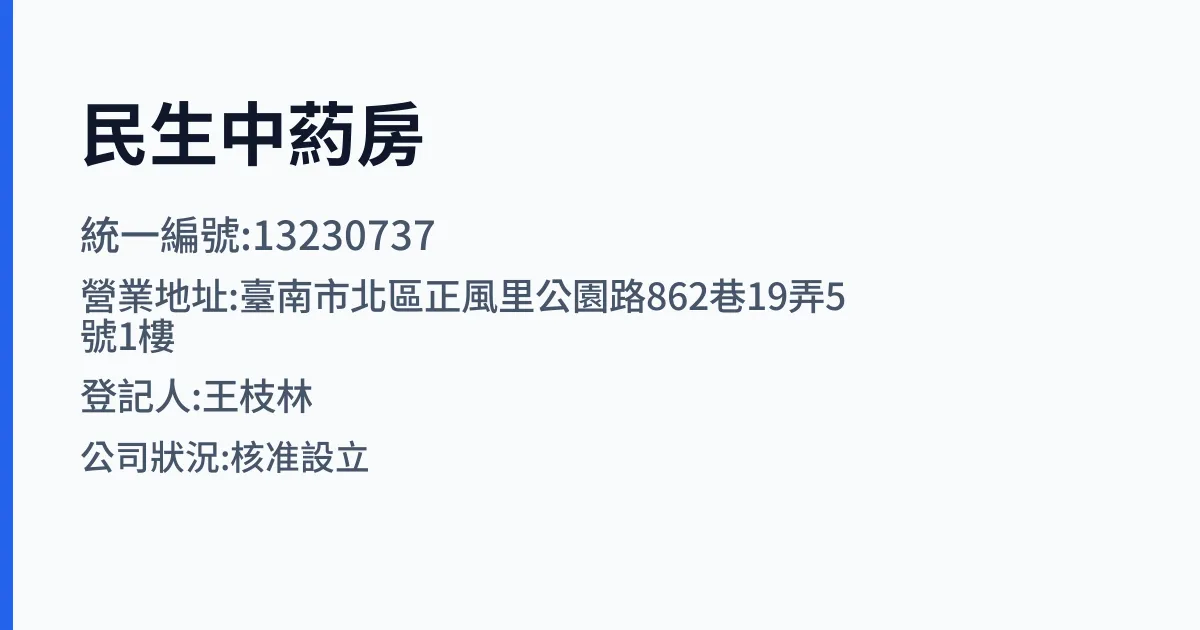 民生中葯房 - 統編 13230737(臺南市) 公司登記資料與營業項目詳細圖表
