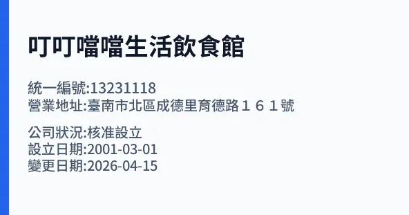 叮叮噹噹生活飲食館的照片-統編 13231118(臺南市) 公司登記資料與營業項目詳細圖表