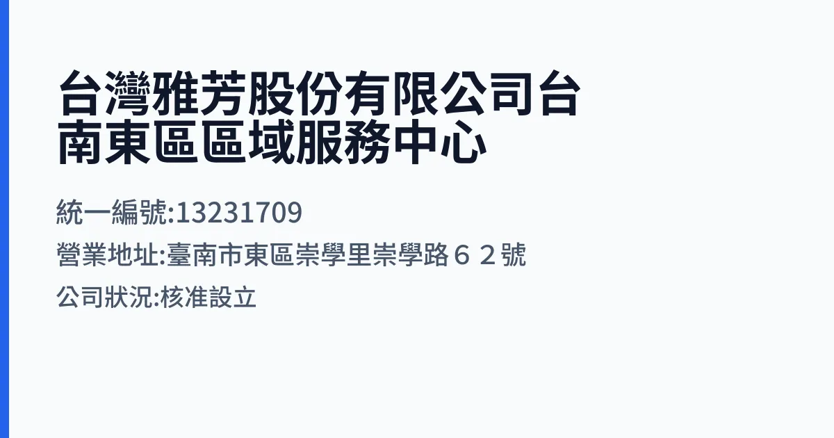 台灣雅芳股份有限公司台南東區區域服務中心 - 統編 13231709(臺南市) 公司登記資料與營業項目詳細圖表