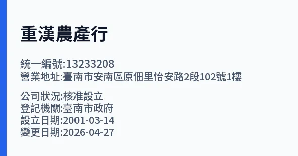 重漢農產行的照片-統編 13233208(臺南市) 公司登記資料與營業項目詳細圖表