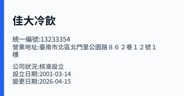 佳大冷飲的照片-統編 13233354(臺南市) 公司登記資料與營業項目詳細圖表