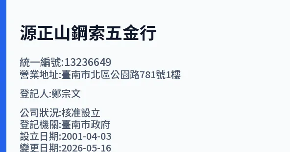 源正山鋼索五金行的照片-統編 13236649(臺南市) 公司登記資料與營業項目詳細圖表