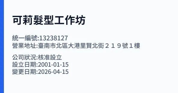 可莉髮型工作坊的照片-統編 13238127(臺南市) 公司登記資料與營業項目詳細圖表