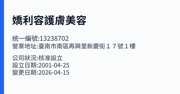 嬌利容護膚美容的照片-統編 13238702(臺南市) 公司登記資料與營業項目詳細圖表