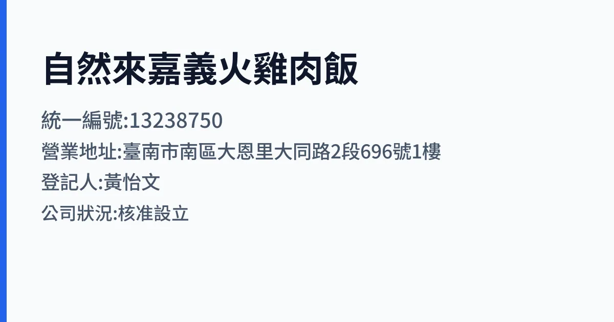 自然來嘉義火雞肉飯 - 統編 13238750(臺南市) 公司登記資料與營業項目詳細圖表