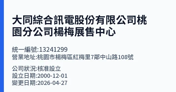 大同綜合訊電股份有限公司桃園分公司楊梅展售中心的照片-統編 13241299(桃園市) 公司登記資料與營業項目詳細圖表