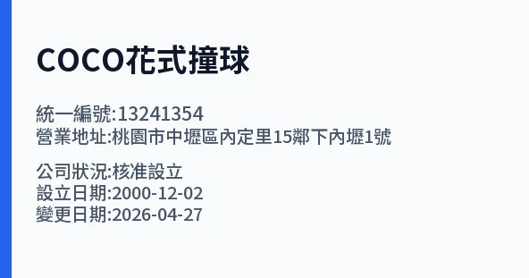 COCO花式撞球的照片-統編 13241354(桃園市) 公司登記資料與營業項目詳細圖表