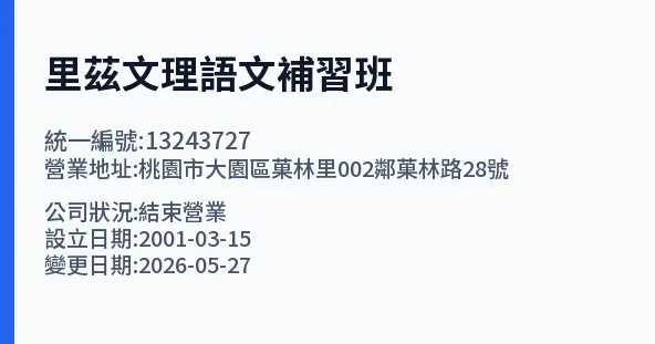 里茲文理語文補習班的照片-統編 13243727(桃園市) 公司登記資料與營業項目詳細圖表