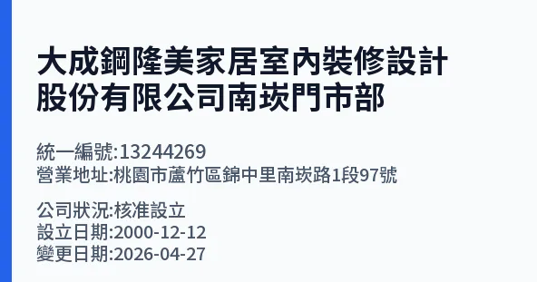 大成鋼隆美家居室內裝修設計股份有限公司南崁門市部的照片-統編 13244269(桃園市) 公司登記資料與營業項目詳細圖表
