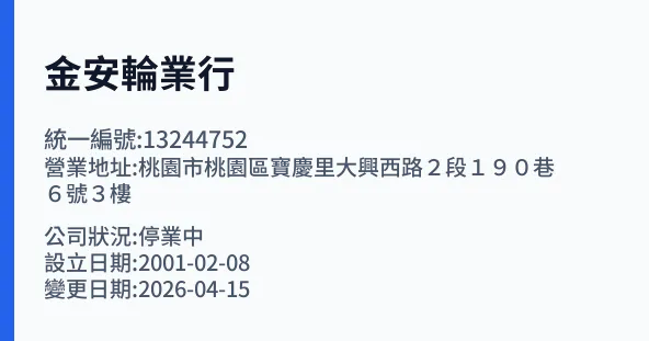金安輪業行的照片-統編 13244752(桃園市) 公司登記資料與營業項目詳細圖表