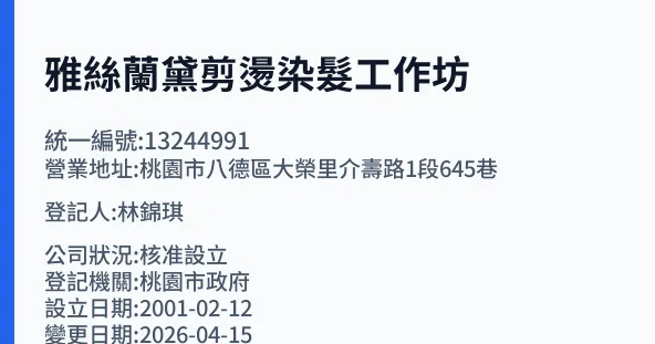 雅絲蘭黛剪燙染髮工作坊的照片-統編 13244991(桃園市) 公司登記資料與營業項目詳細圖表