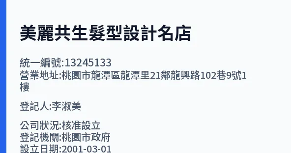 美麗共生髮型設計名店的照片-統編 13245133(桃園市) 公司登記資料與營業項目詳細圖表