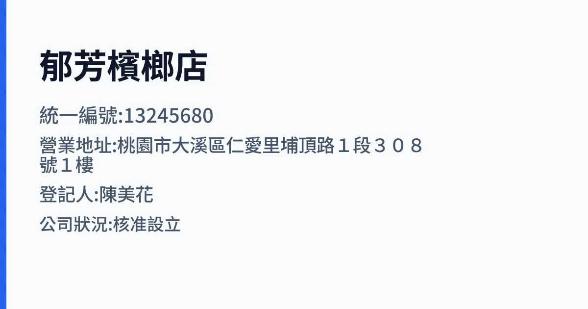 郁芳檳榔店 - 統編 13245680(桃園市) 公司登記資料與營業項目詳細圖表