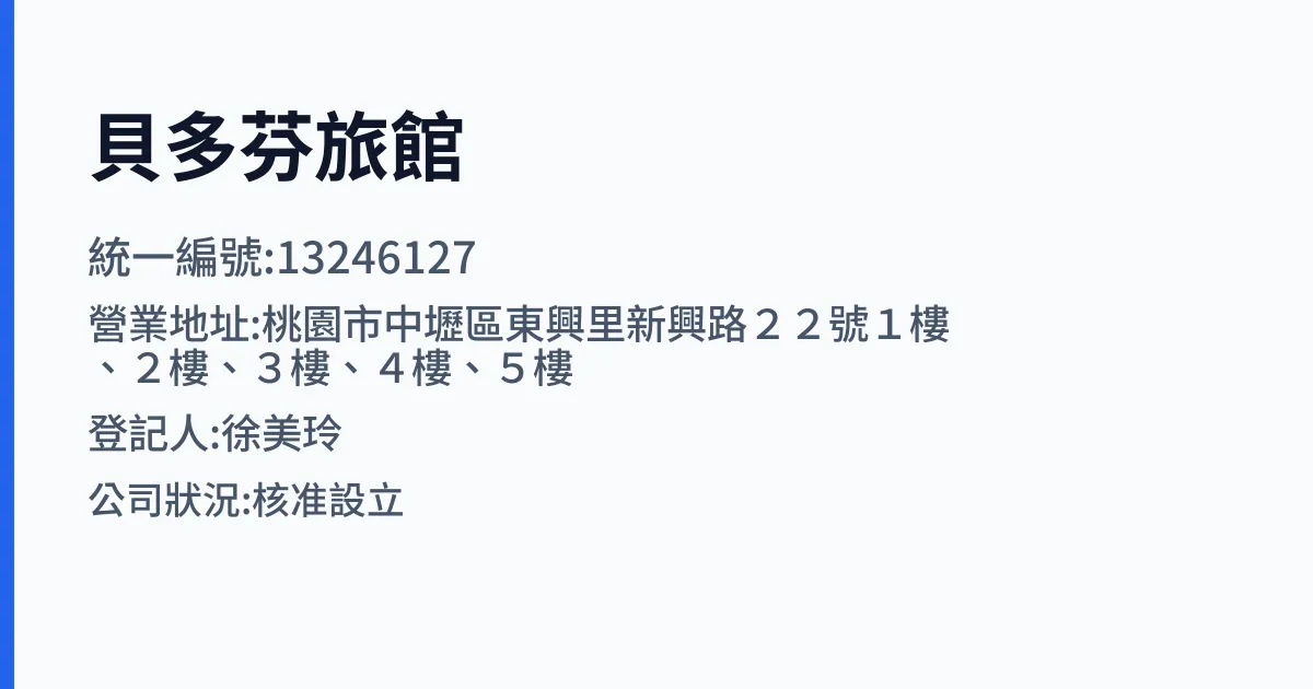 貝多芬旅館 - 統編 13246127(桃園市) 公司登記資料與營業項目詳細圖表