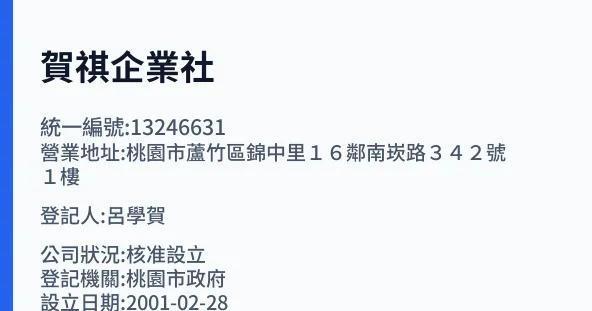 賀祺企業社的照片-統編 13246631(桃園市) 公司登記資料與營業項目詳細圖表