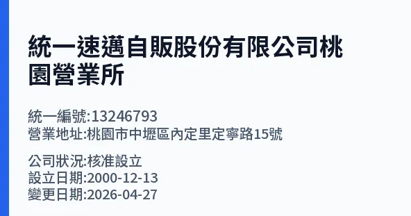 統一速邁自販股份有限公司桃園營業所的照片-統編 13246793(桃園市) 公司登記資料與營業項目詳細圖表