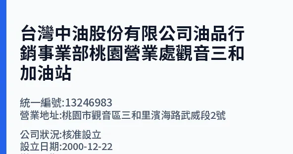 台灣中油股份有限公司油品行銷事業部桃園營業處觀音三和加油站的照片-統編 13246983(桃園市) 公司登記資料與營業項目詳細圖表