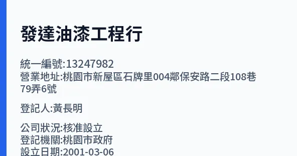 發達油漆工程行的照片-統編 13247982(桃園市) 公司登記資料與營業項目詳細圖表