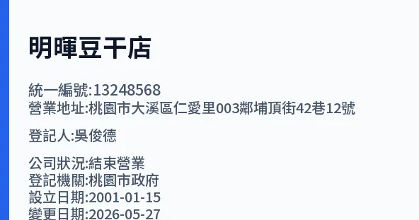 明暉豆干店的照片-統編 13248568(桃園市) 公司登記資料與營業項目詳細圖表