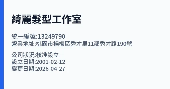 綺麗髮型工作室的照片-統編 13249790(桃園市) 公司登記資料與營業項目詳細圖表