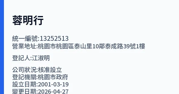 蓉明行的照片-統編 13252513(桃園市) 公司登記資料與營業項目詳細圖表
