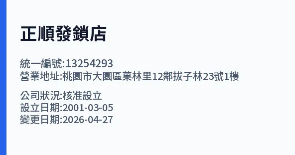 正順發鎖店的照片-統編 13254293(桃園市) 公司登記資料與營業項目詳細圖表