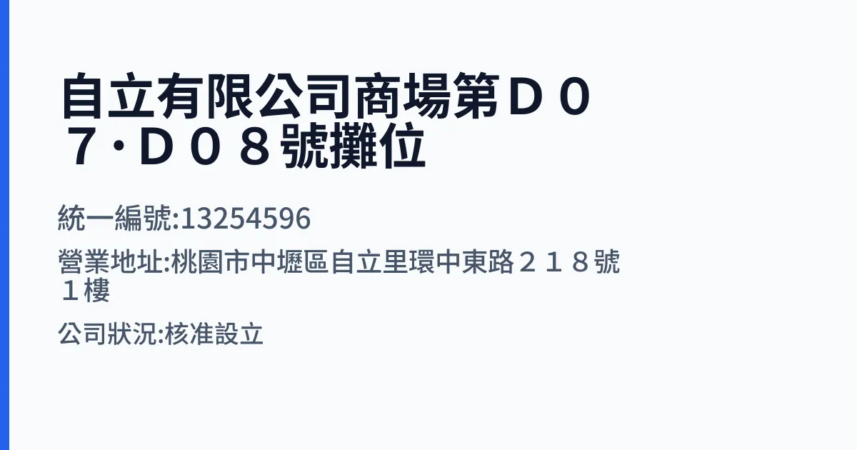 自立有限公司商場第D07˙D08號攤位 - 統編 13254596(桃園市) 公司登記資料與營業項目詳細圖表