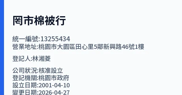 罔市棉被行的照片-統編 13255434(桃園市) 公司登記資料與營業項目詳細圖表
