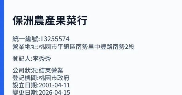 保洲農產果菜行的照片-統編 13255574(桃園市) 公司登記資料與營業項目詳細圖表