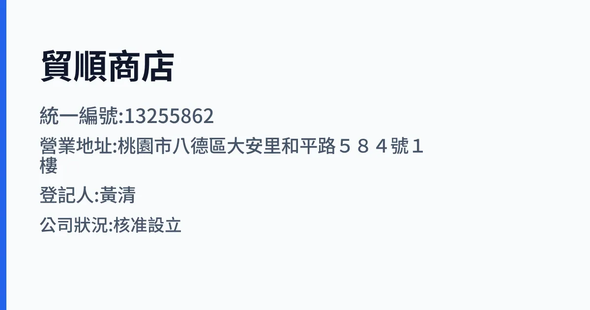 貿順商店 - 統編 13255862(桃園市) 公司登記資料與營業項目詳細圖表