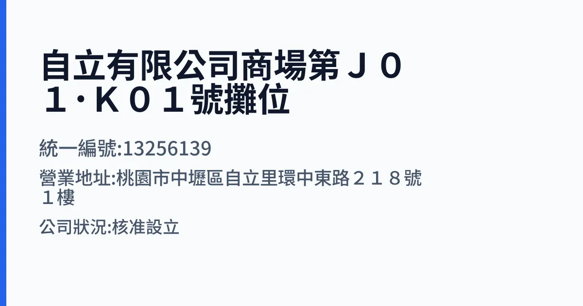 自立有限公司商場第J01˙K01號攤位 - 統編 13256139(桃園市) 公司登記資料與營業項目詳細圖表