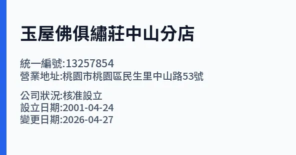 玉屋佛俱繡莊中山分店的照片-統編 13257854(桃園市) 公司登記資料與營業項目詳細圖表