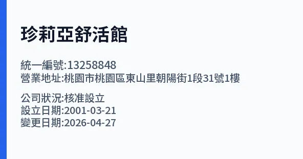 珍莉亞舒活館的照片-統編 13258848(桃園市) 公司登記資料與營業項目詳細圖表