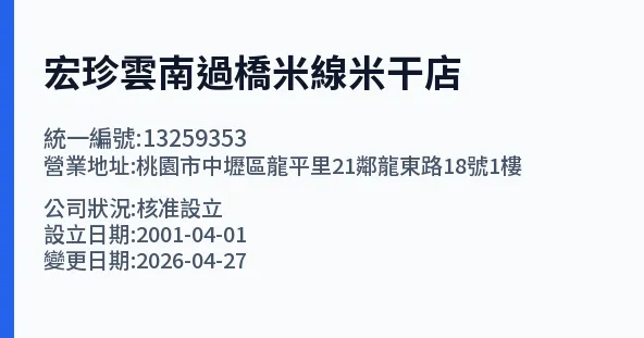 宏珍雲南過橋米線米干店的照片-統編 13259353(桃園市) 公司登記資料與營業項目詳細圖表
