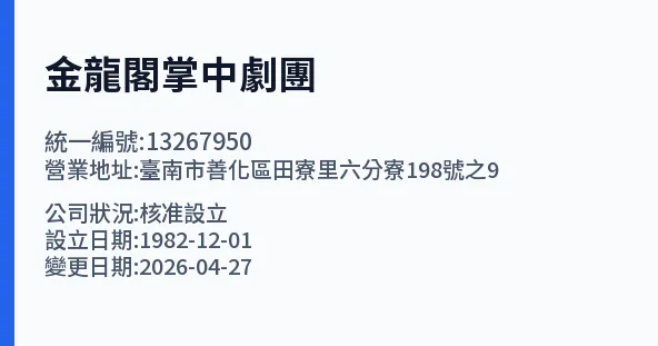 金龍閣掌中劇團的照片-統編 13267950(臺南市) 公司登記資料與營業項目詳細圖表